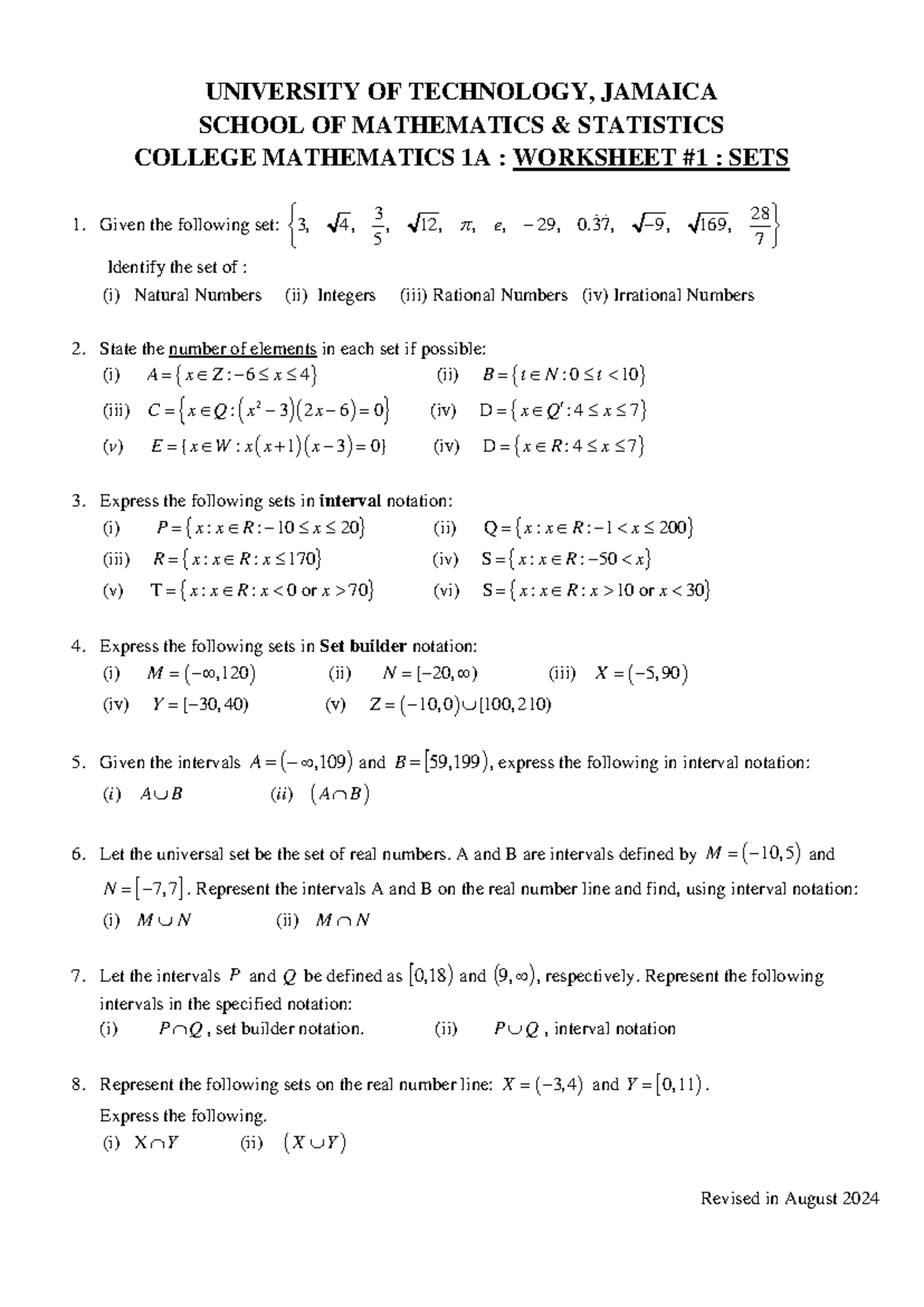 MAT 1044 Worksheet 1 SETS 2024 - UNIVERSITY OF TECHNOLOGY, JAMAICA ...