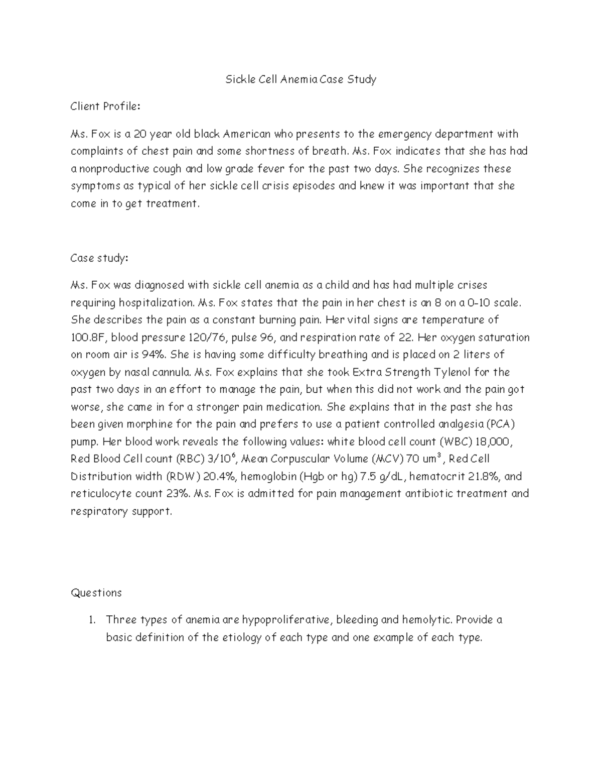 Sickle Cell Anemia Case Study Analysis and Patient Management - Studocu