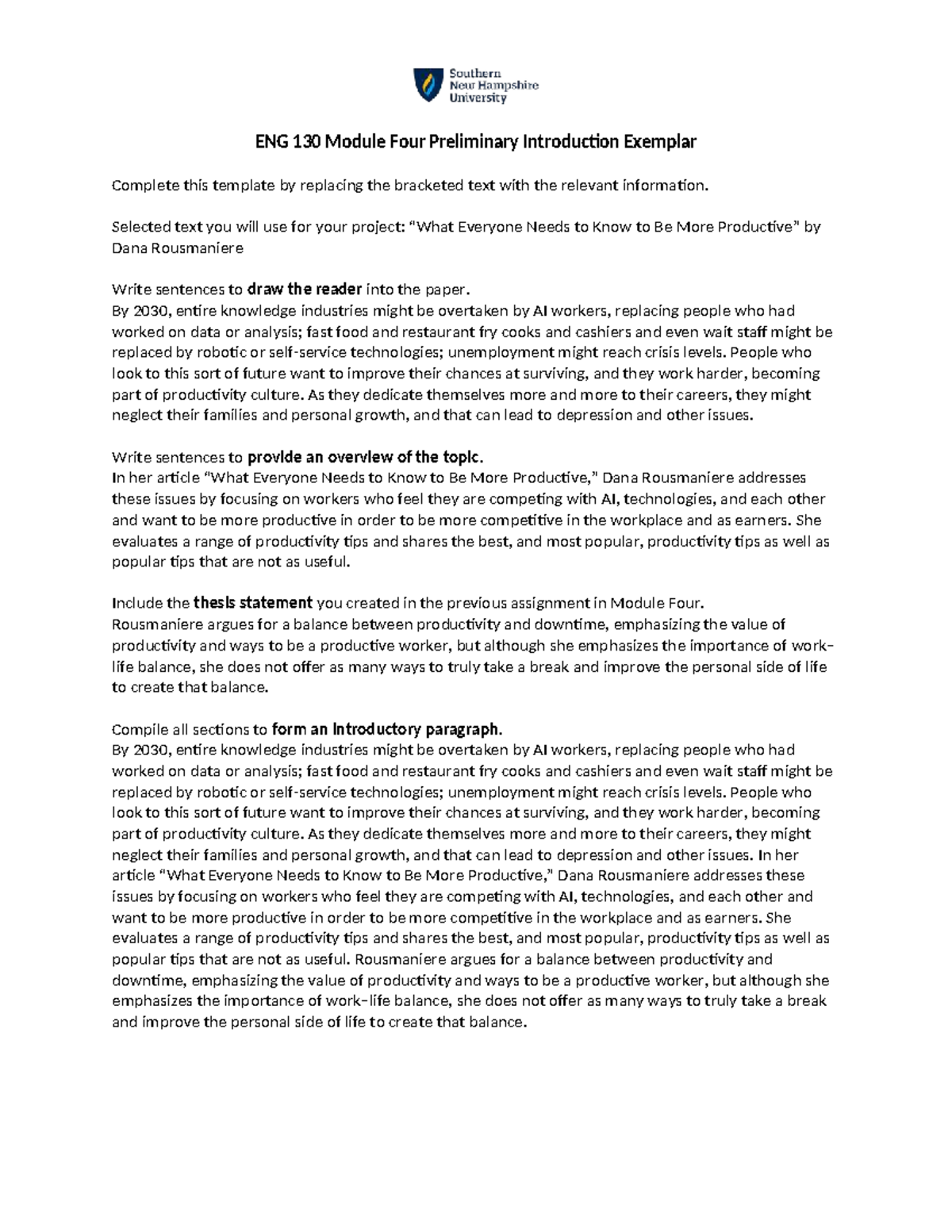 ENG 130 Module Four Introductory Paragraph on Productivity & AI - Studocu
