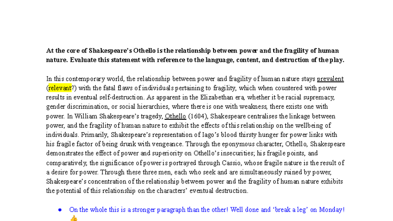 Practice Question 2 - Othello: Power & Human Fragility Analysis - Studocu