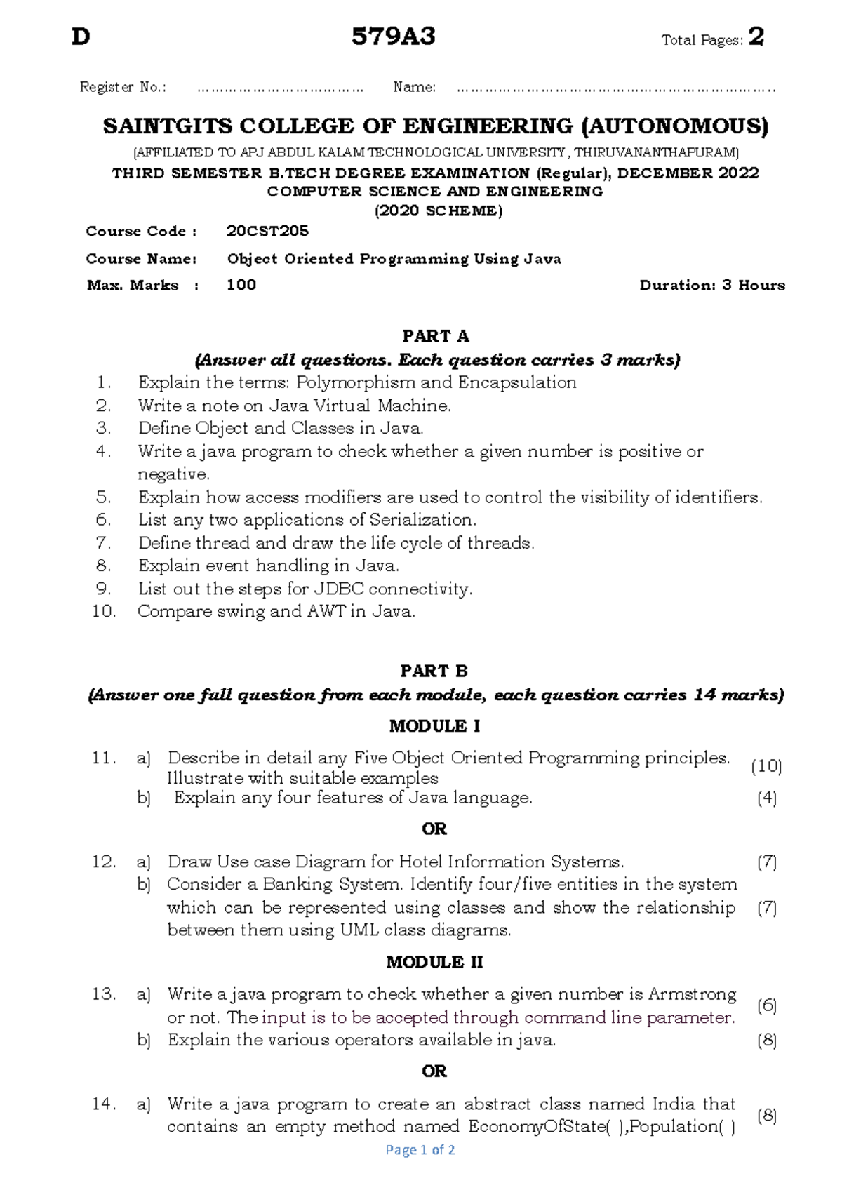Object Oriented Programming Using Java - B.Tech S3 CS Dec 2022 Exam ...