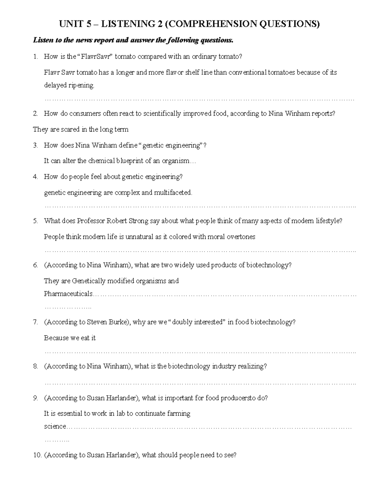 Listening comprehension question - UNIT 5 – LISTENING 2 (COMPREHENSION ...