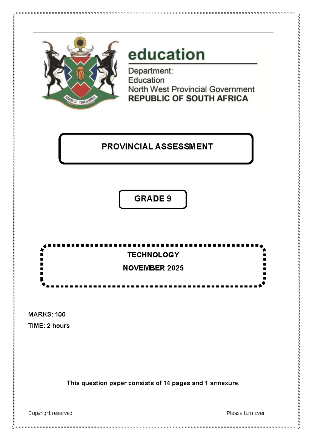 Grade 9 Technology Provincial Assessment Nov 2025 - Marks: 100 - Studocu