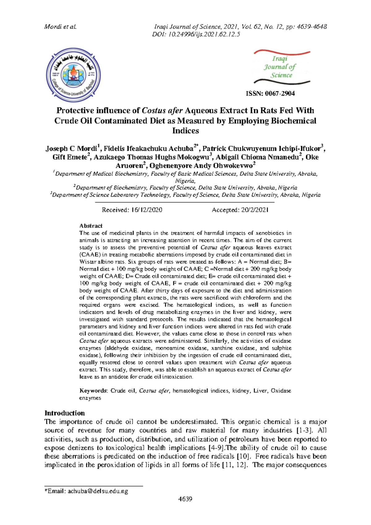 Protective Role of Costus afer Extract on Crude Oil Toxicity in Rats ...