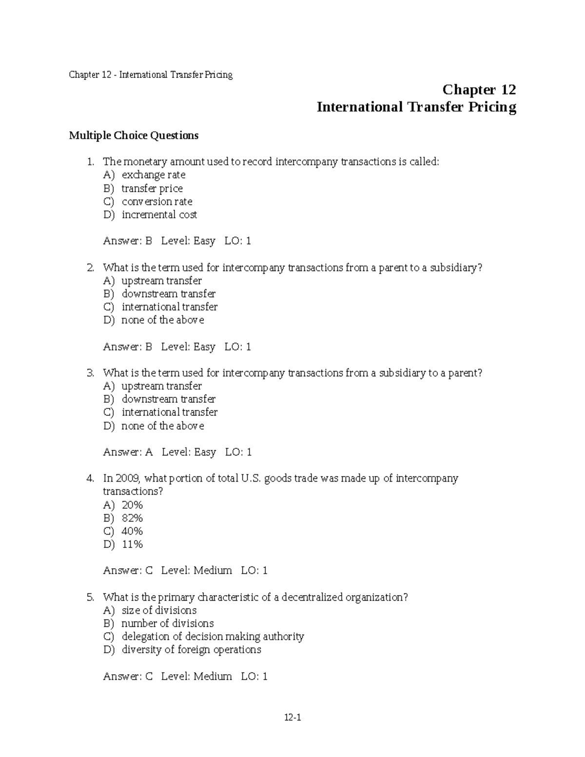 Chapter 12 International Transfer Pricing: MCQs and Key Concepts - Studocu