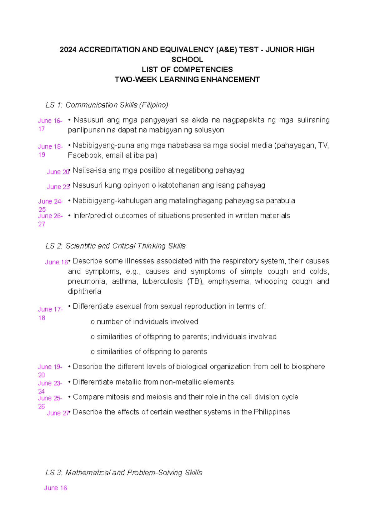 2024 ACCREDITATION AND EQUIVALENCY TEST: JUNIOR HIGH SCHOOL ...
