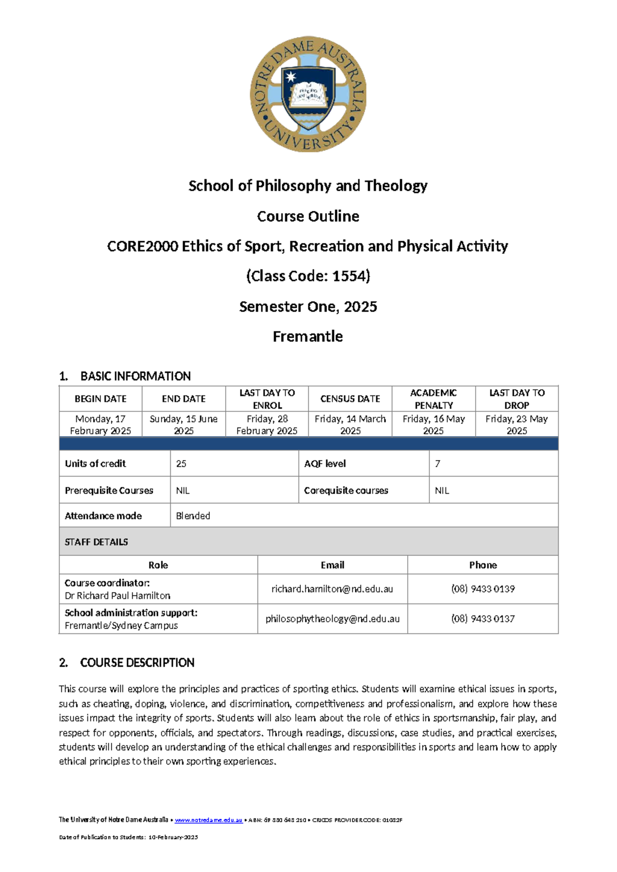 CORE2000 - 1554 Ethics of Sport: Course Outline for Semester 1, 2025 ...