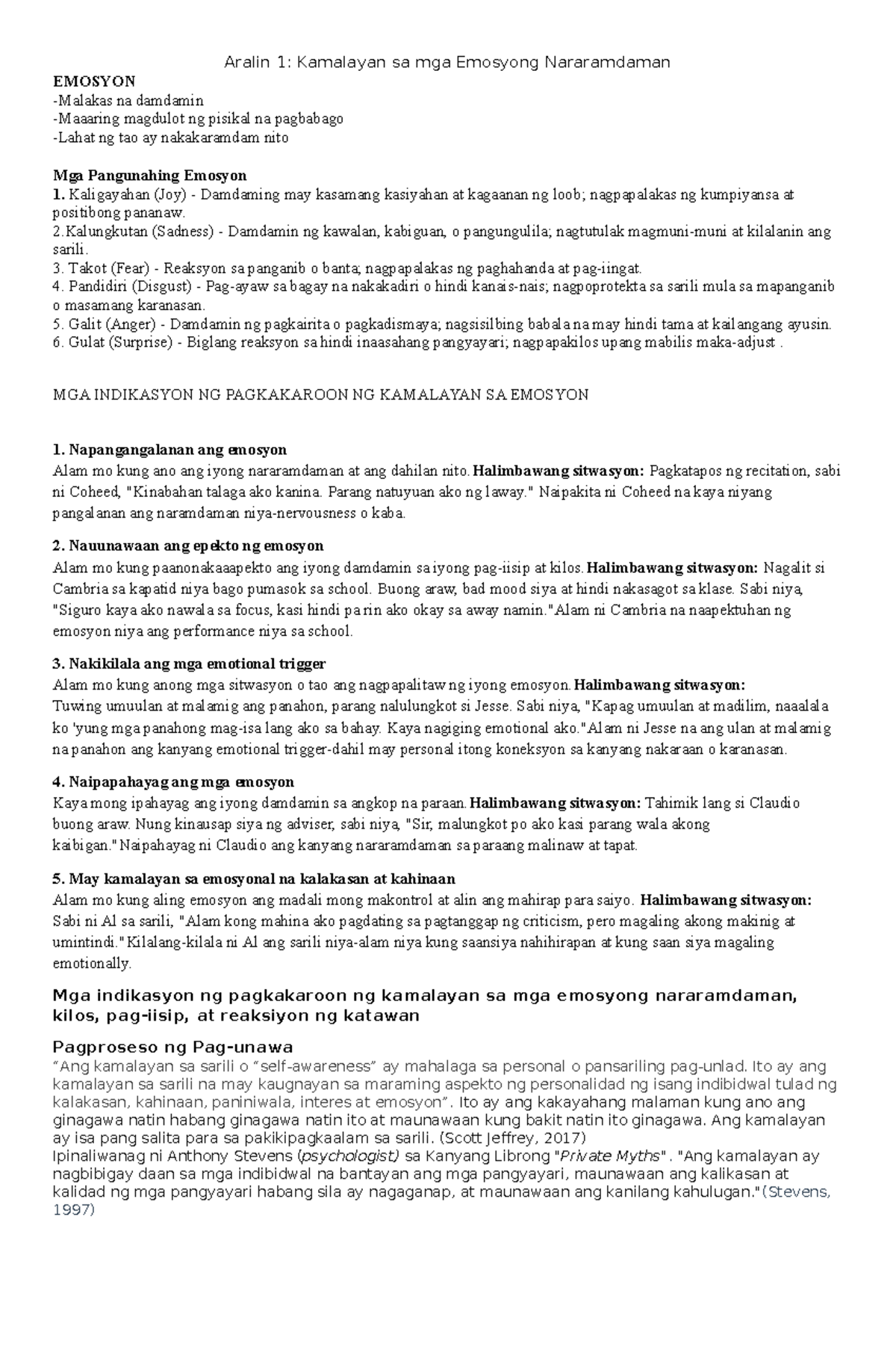 Aralin 1 Q1 W1: Kamalayan sa mga Emosyong Nararamdaman - Studocu