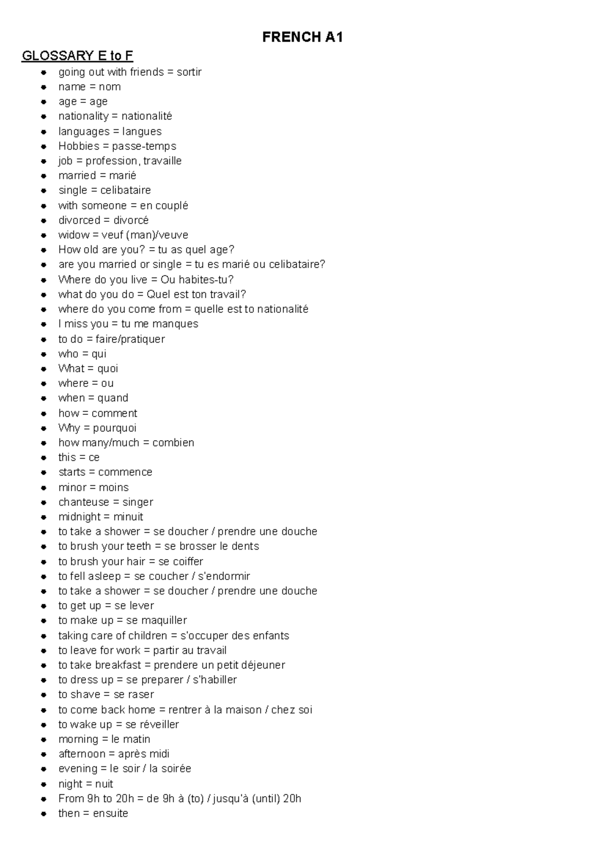FRENCH A1 GLOSSARY: Vocabulary & Phrases for Socializing - Studocu