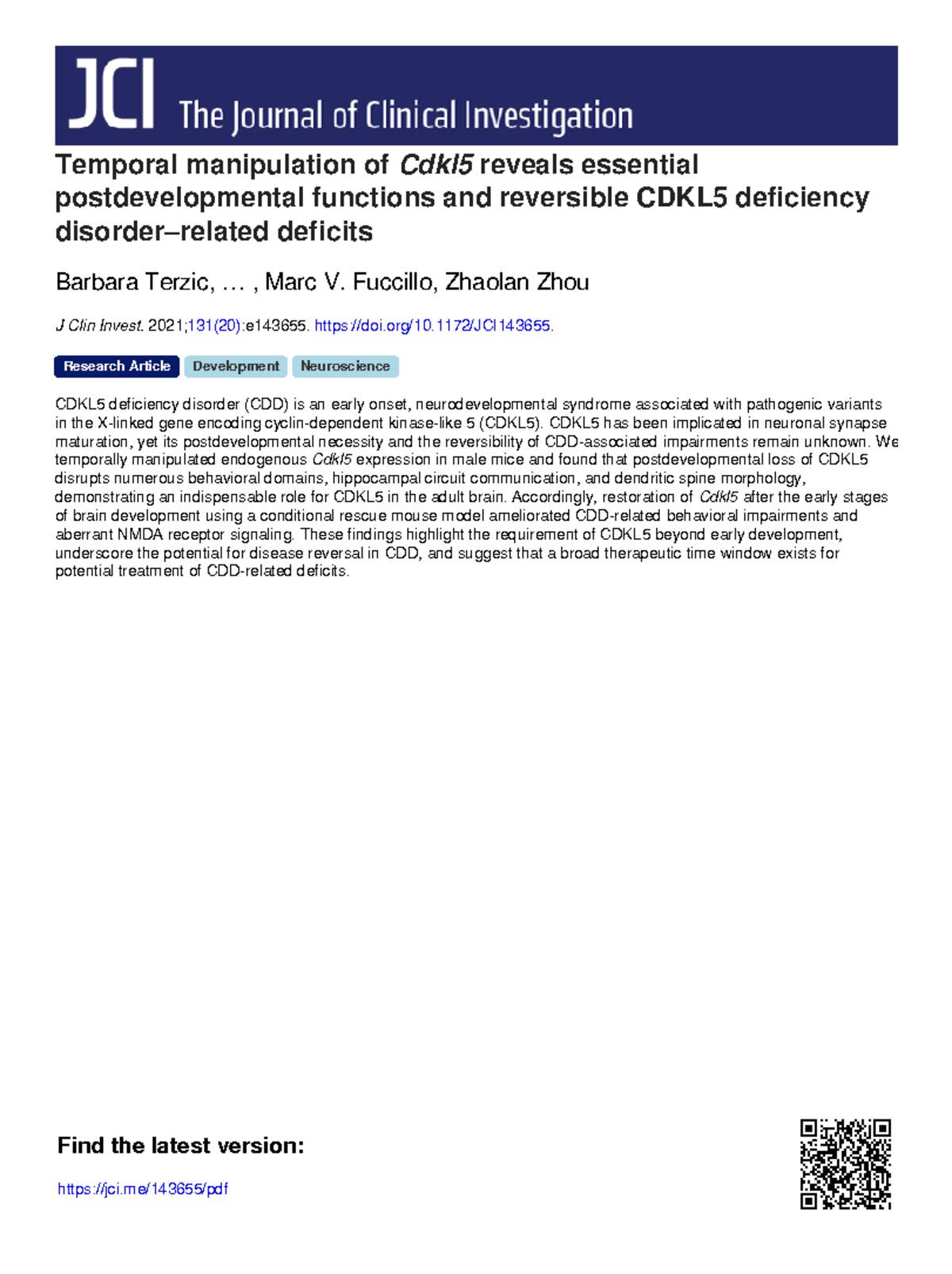 CDKL5 Deficiency Disorder: Reversibility and Essential Functions - JCI ...