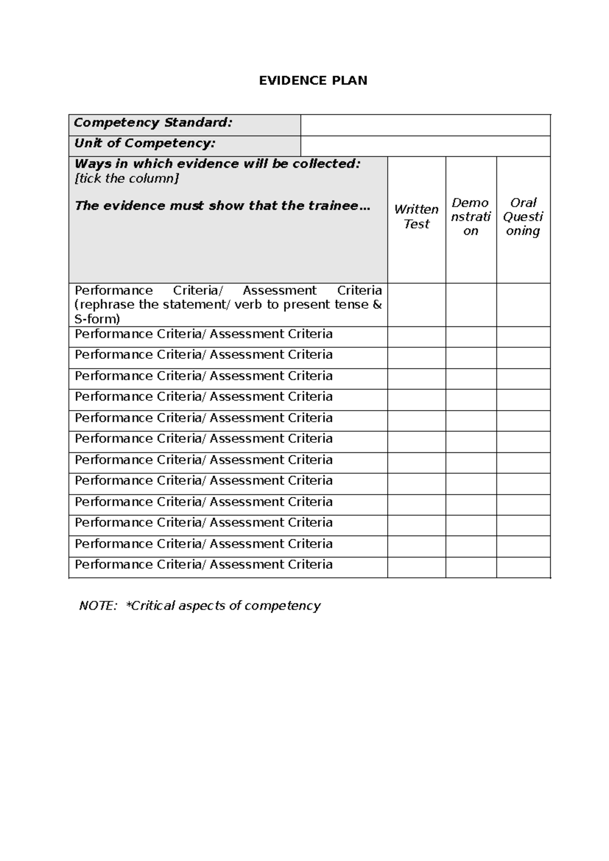 Template - Information Technology - EVIDENCE PLAN Competency Standard ...