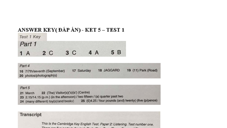 KET 5 - Answer Key for Tests 1, 3, and Trainer Tests 3, 4 - Studocu