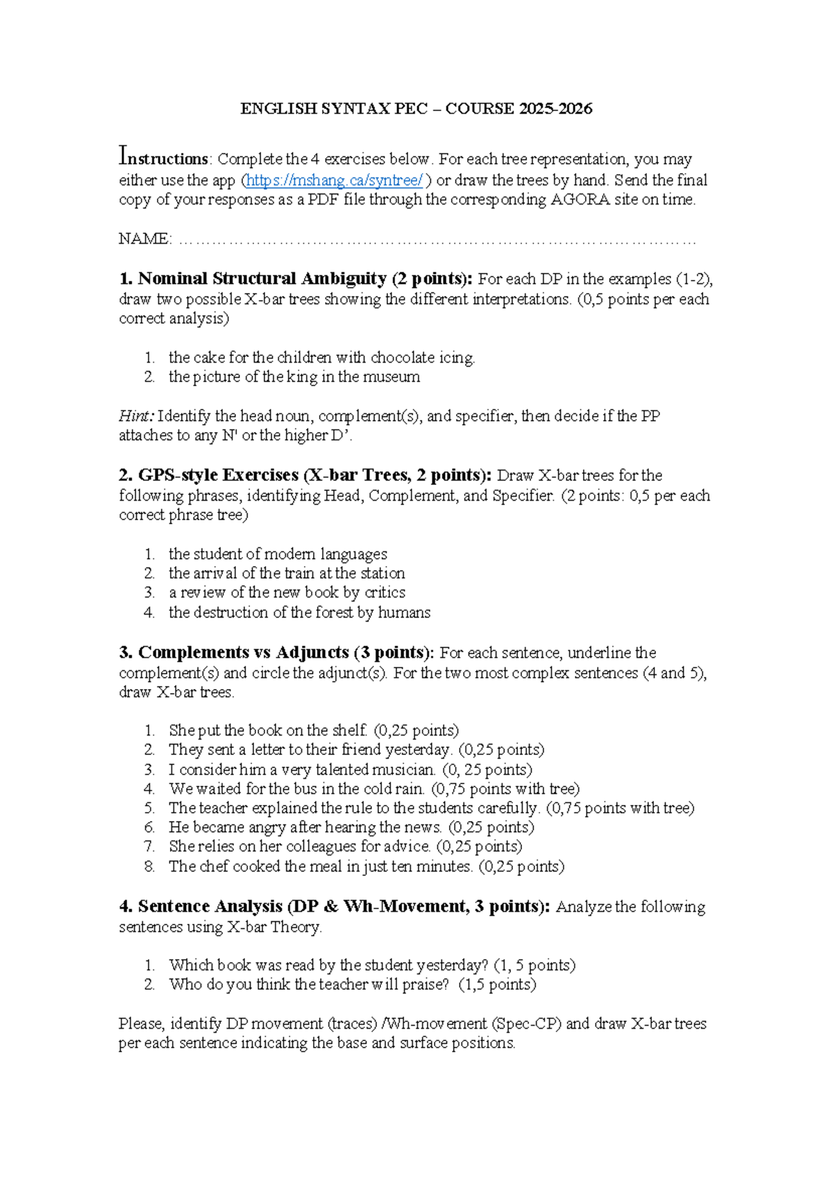 ENGLISH SYNTAX PEC 2025-26 - Exercise Trees & Analysis - Studocu