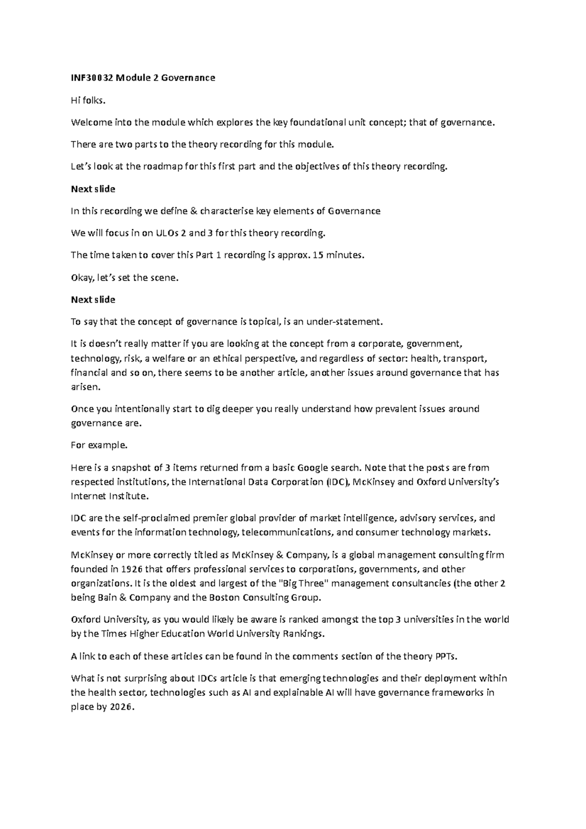 INF30032 Governance Module 2 Part 1 Theory Recording Transcript - Studocu
