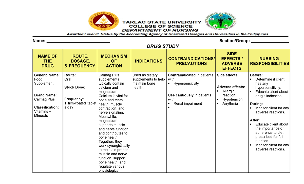 Calmag - Drug study. - Name: ___________________________ Section/Group ...