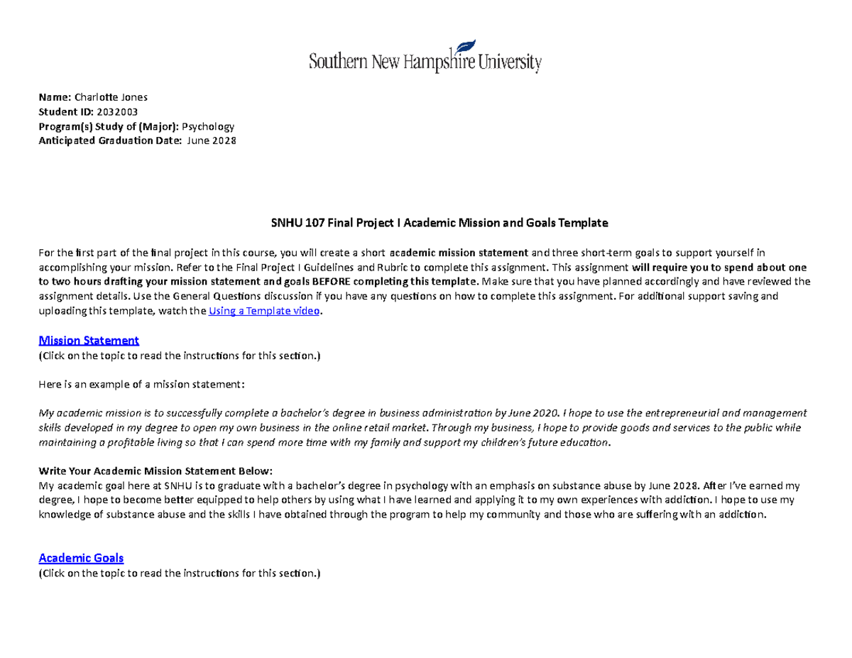 SNHU 107 Final Project I Academic Mission Statement and Goals Template ...