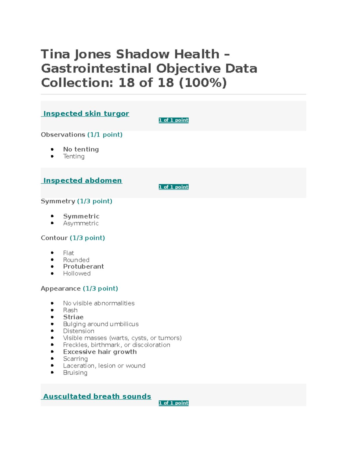 Tina Jones Shadow Health: GI Physical Exam Objective Data Analysis ...
