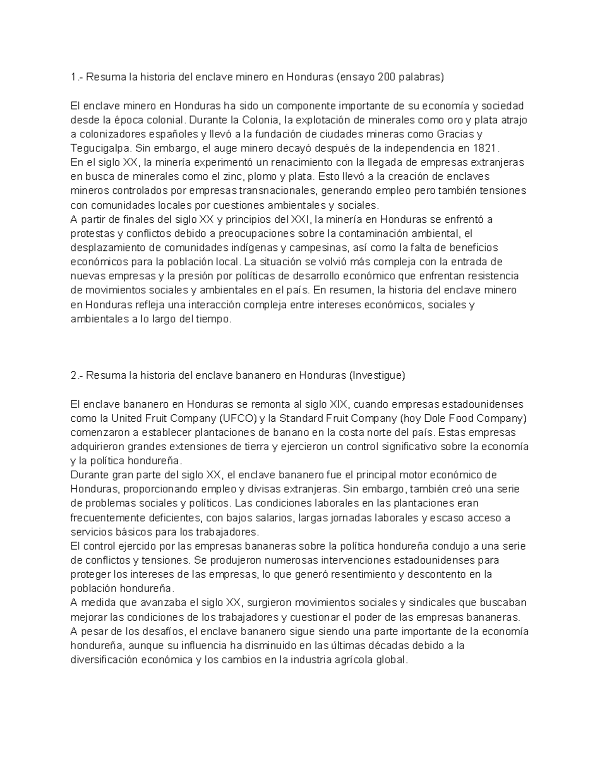 Historia H 7 - Resumen del Enclave Minero y Bananero en Honduras - Studocu