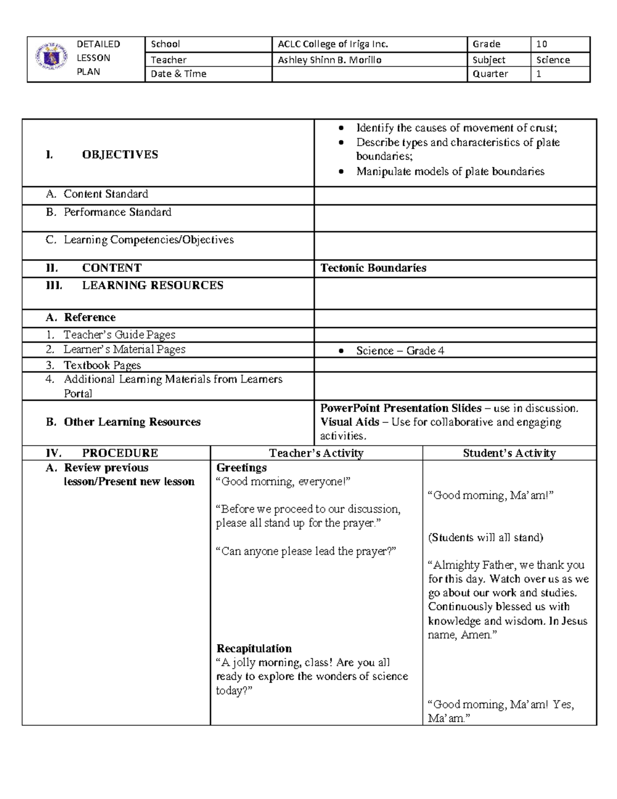 Detailed Lesson Plan on Tectonic Plate Boundaries for 10 Science 1 ...