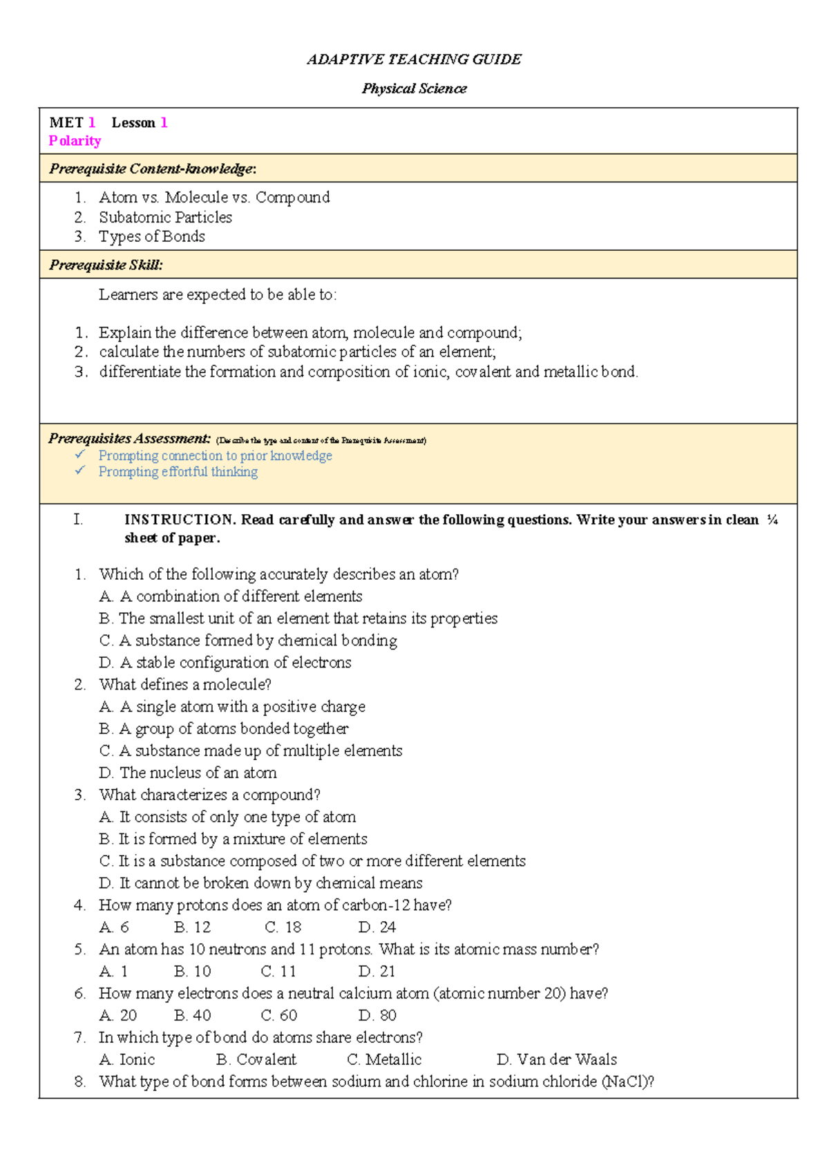 Polarity MET 1: Adaptive Teaching Guide for Physical Science - Studocu