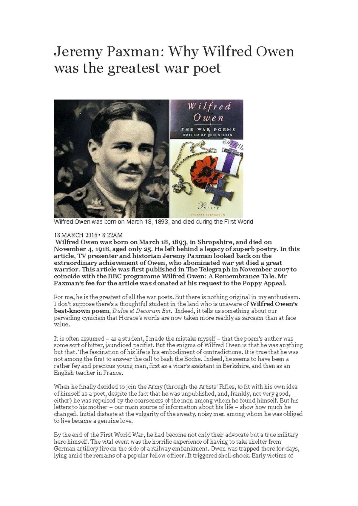 Why Wilfred Owen is the Greatest War Poet: A Study on His Legacy - Studocu