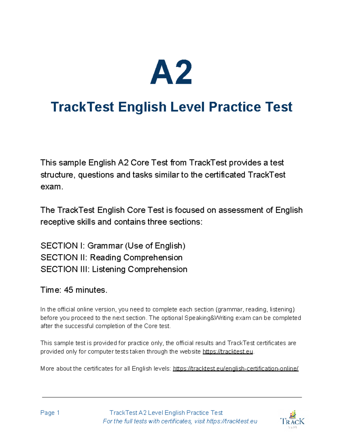 A2 English test with answers - A TrackTest English Level Practice Test ...