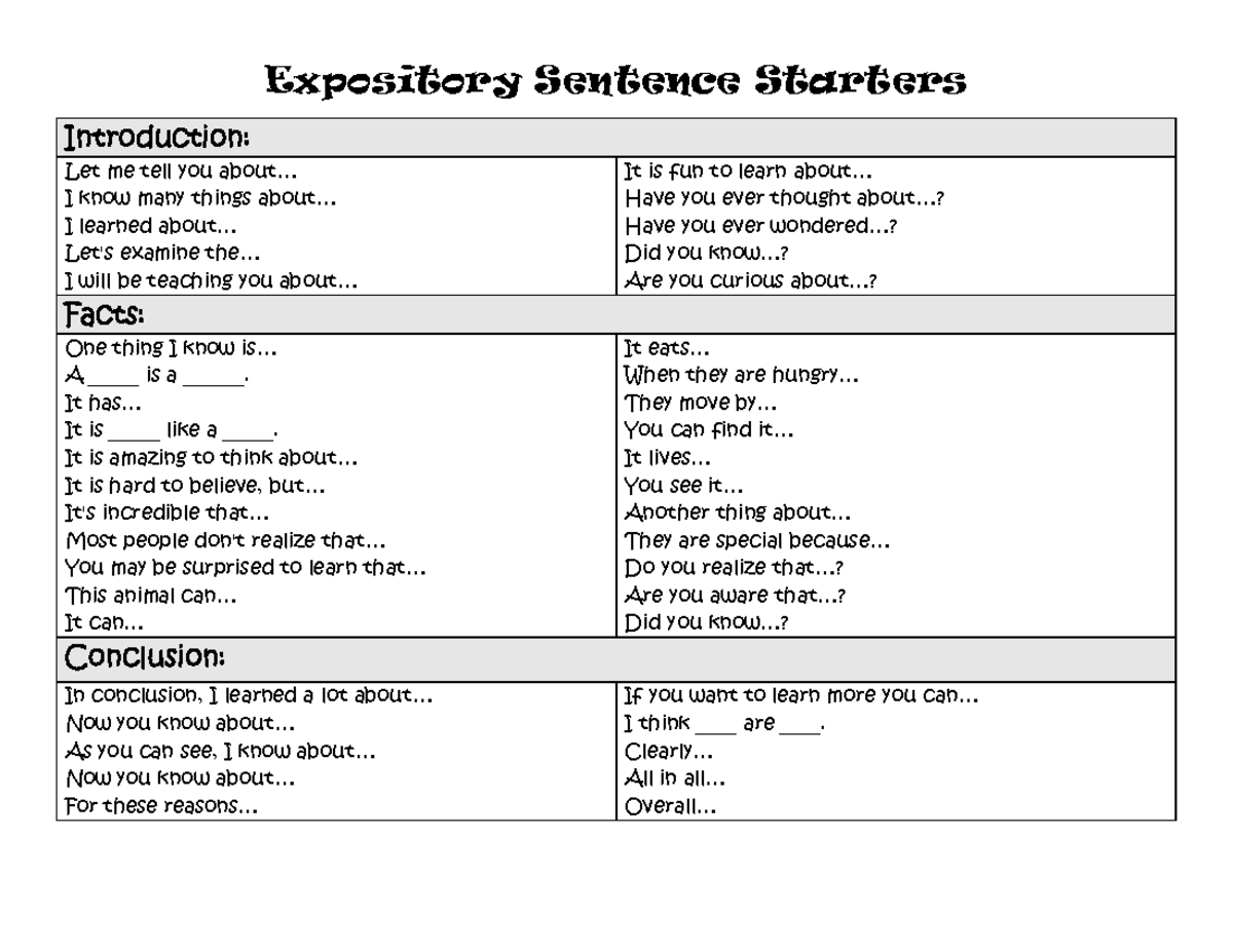 Expository Sentence Starters - Expository Sentence Starters ...