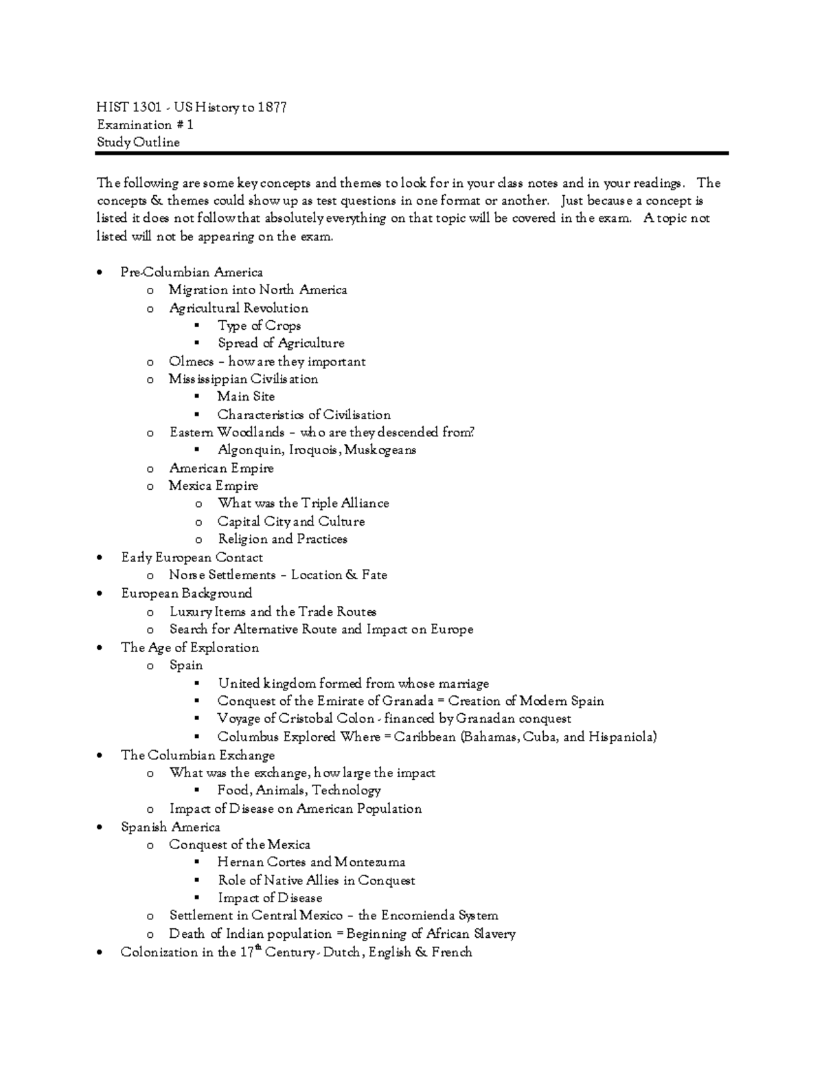 HIST 1301 - US History to 1877 Exam 1 Study Outline - HIST 1301 - US ...