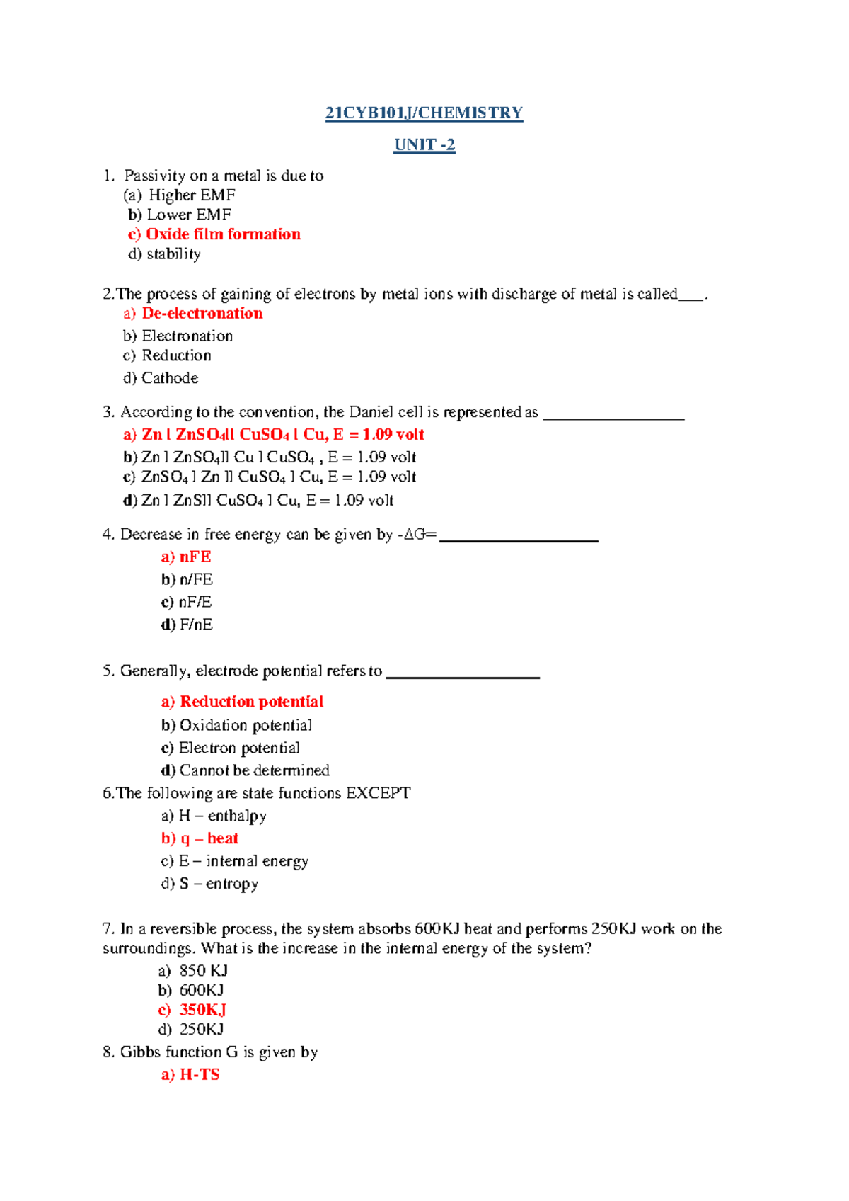 Chemistry Unit 2 & 3 MCQ Bank: Key Concepts & Questions - Studocu
