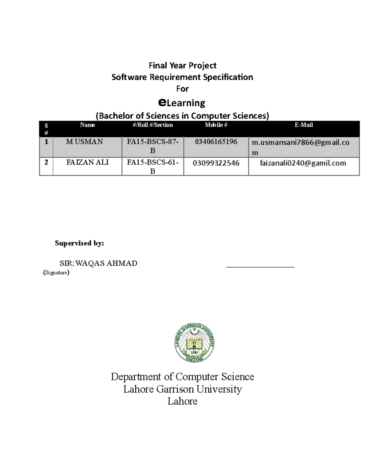 Final Year Project SRS for eLearning System (BSCS) by Muhammad Zeeshan ...