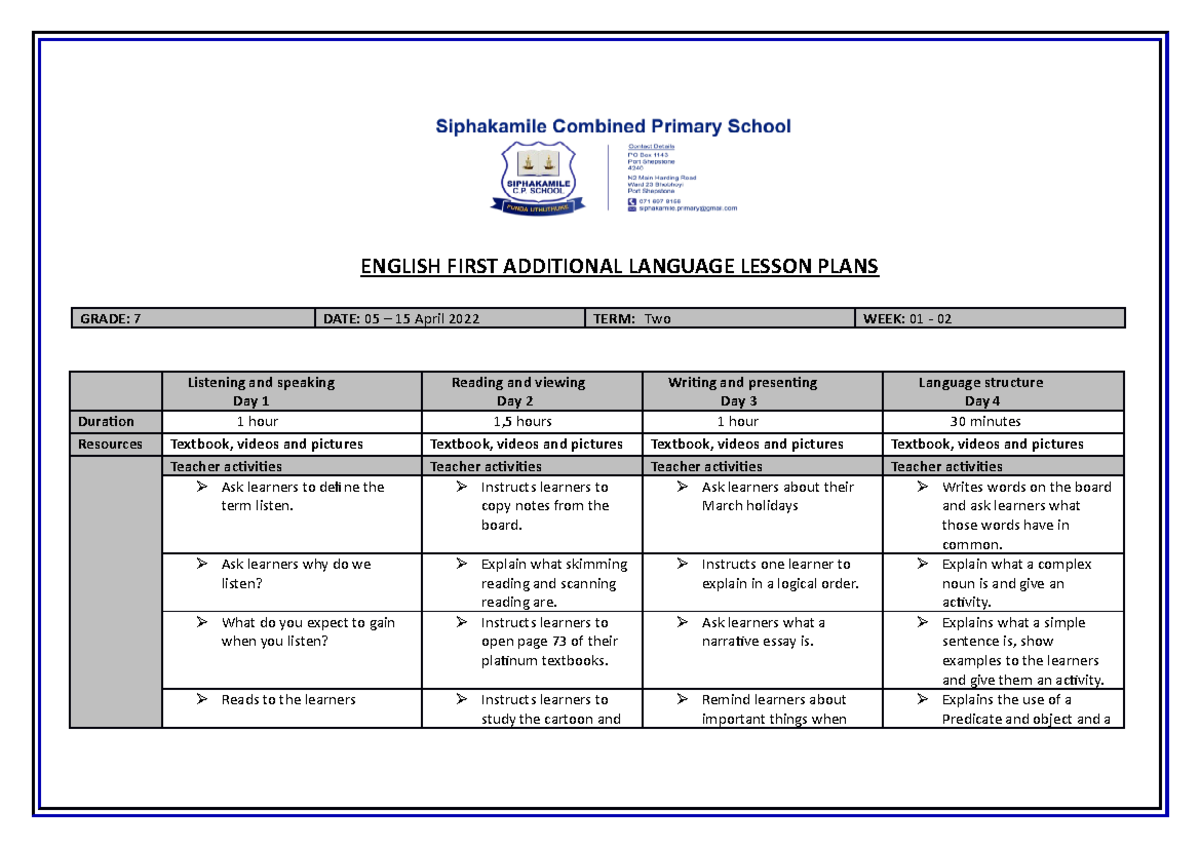 Grade 7 English First Additional Language Lesson Plans - Studocu