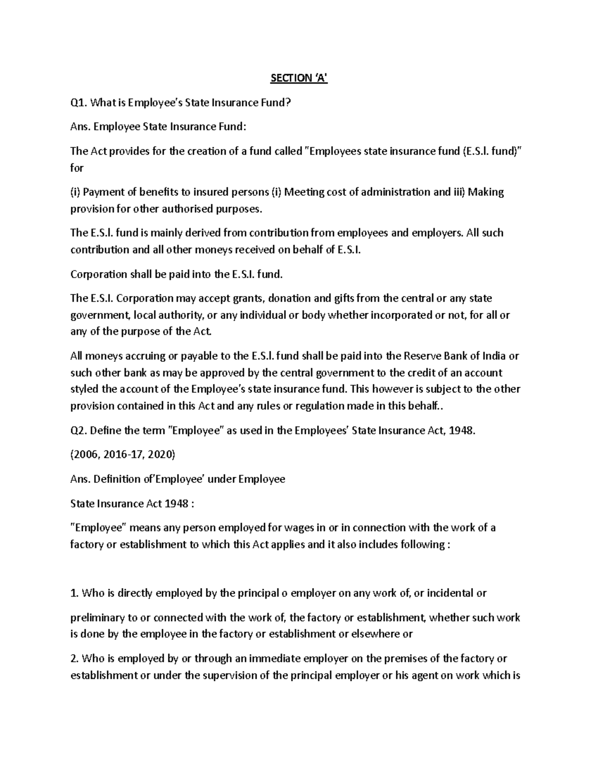 EIL - Notes on Employee State Insurance Act, 1948: Key Concepts and ...