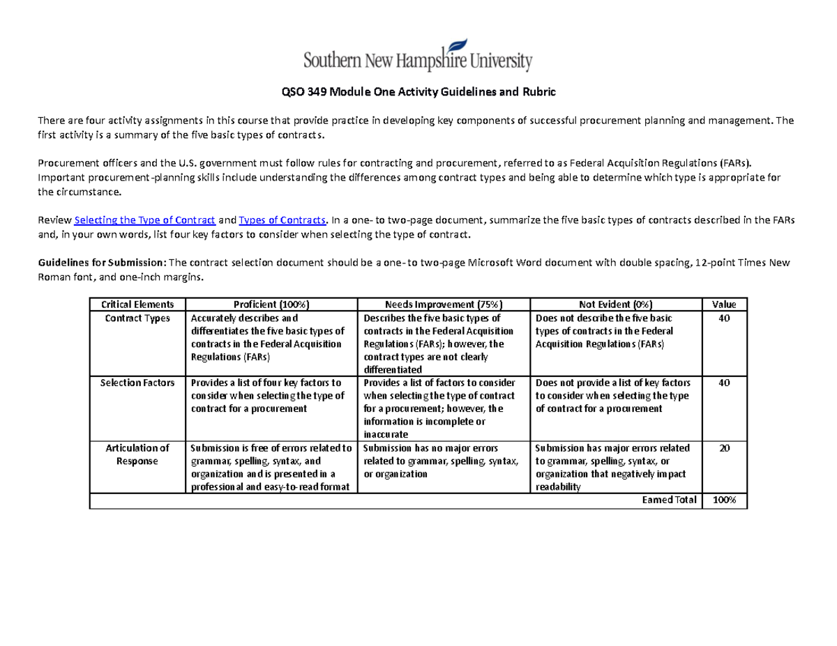 QSO 349 Module 1 Activity Guidelines & Rubric on Contract Types - Studocu