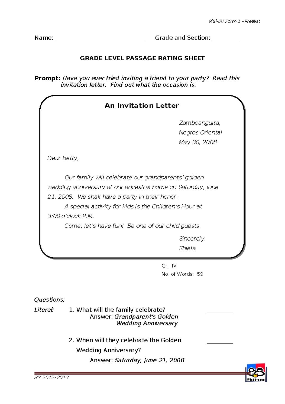 Grade 4: Invitation Letter Pretest & Passage Rating Sheet - Studocu