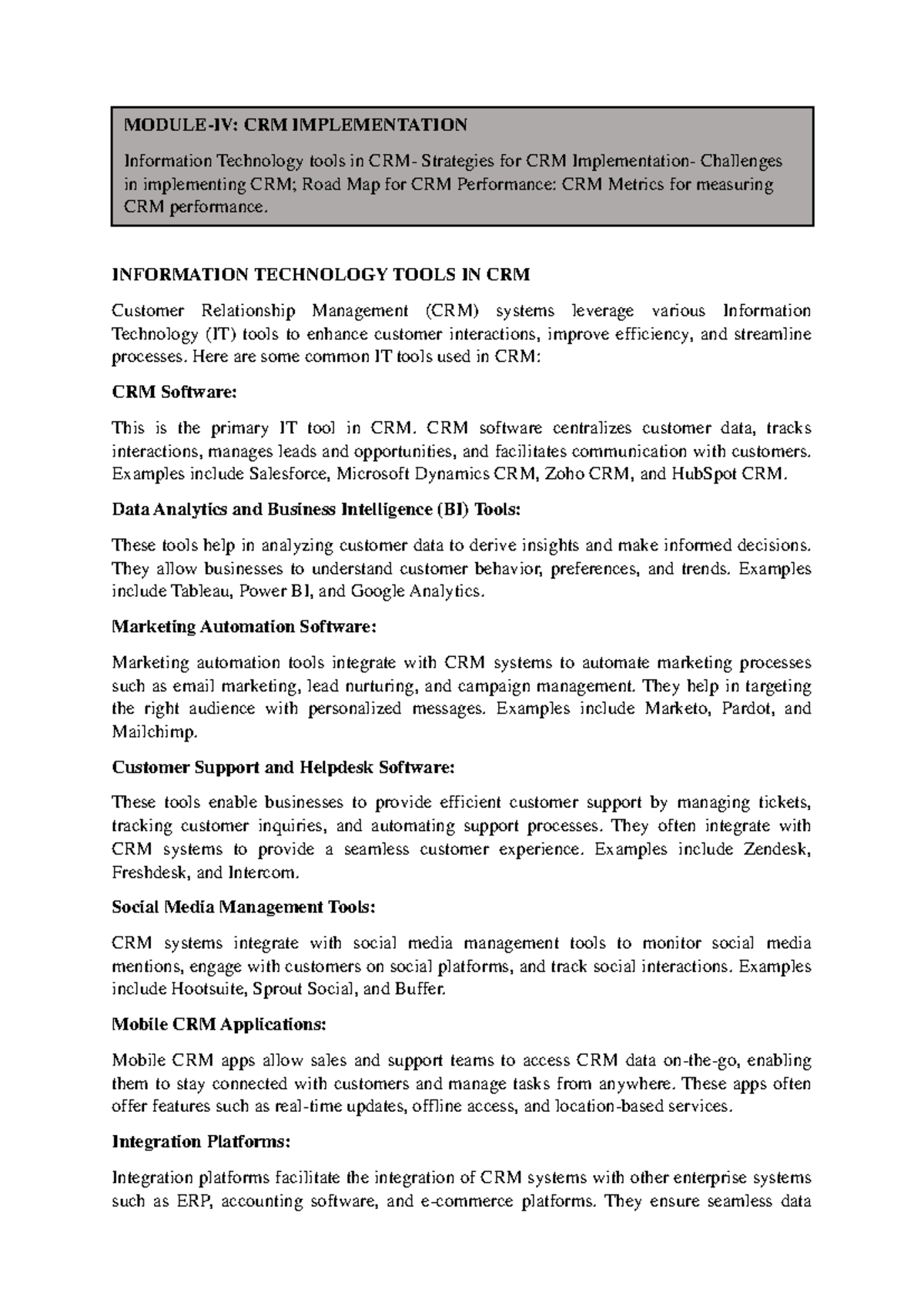 CRM UNIT-IV Implementation Strategies and Performance Metrics - Studocu