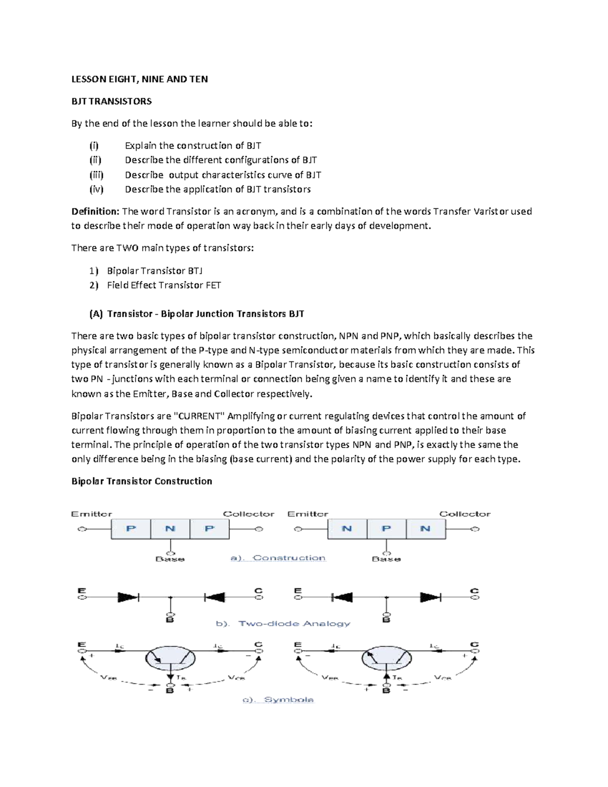 LESSON 8, 9, AND 10: BJT Transistors Overview and Applications - Studocu