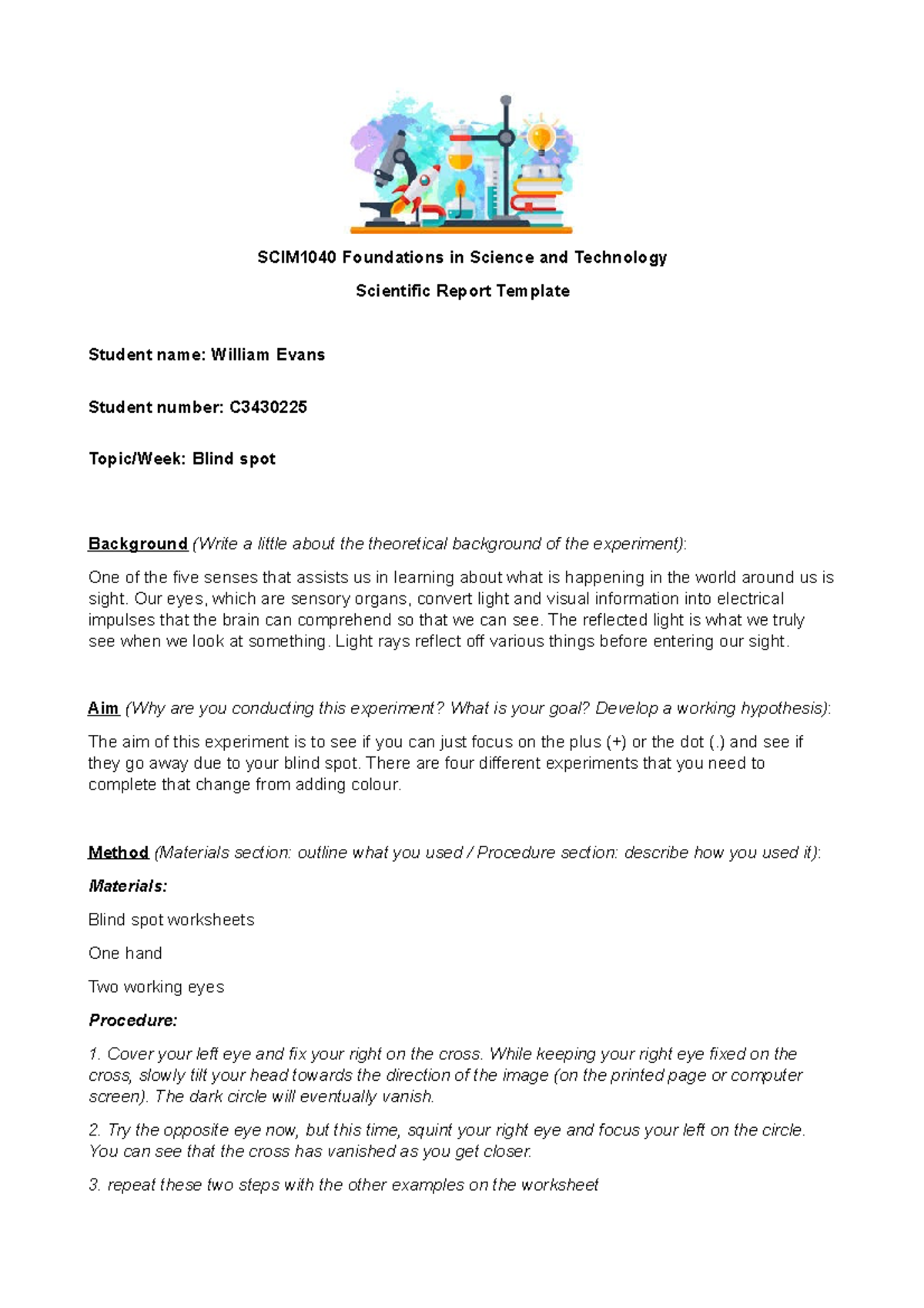 SCIM1040 Blind Spot Experiment Worksheet for Scientific Report - Studocu