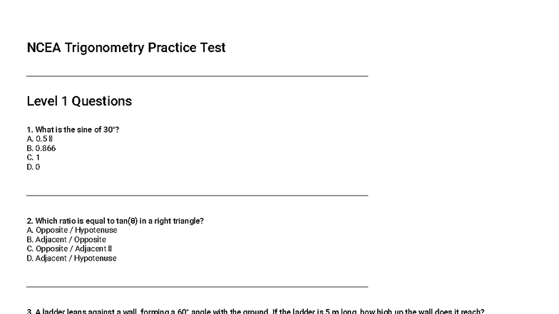 NCEA Trigonometry Practice Test Level 1 MCQs - Studocu