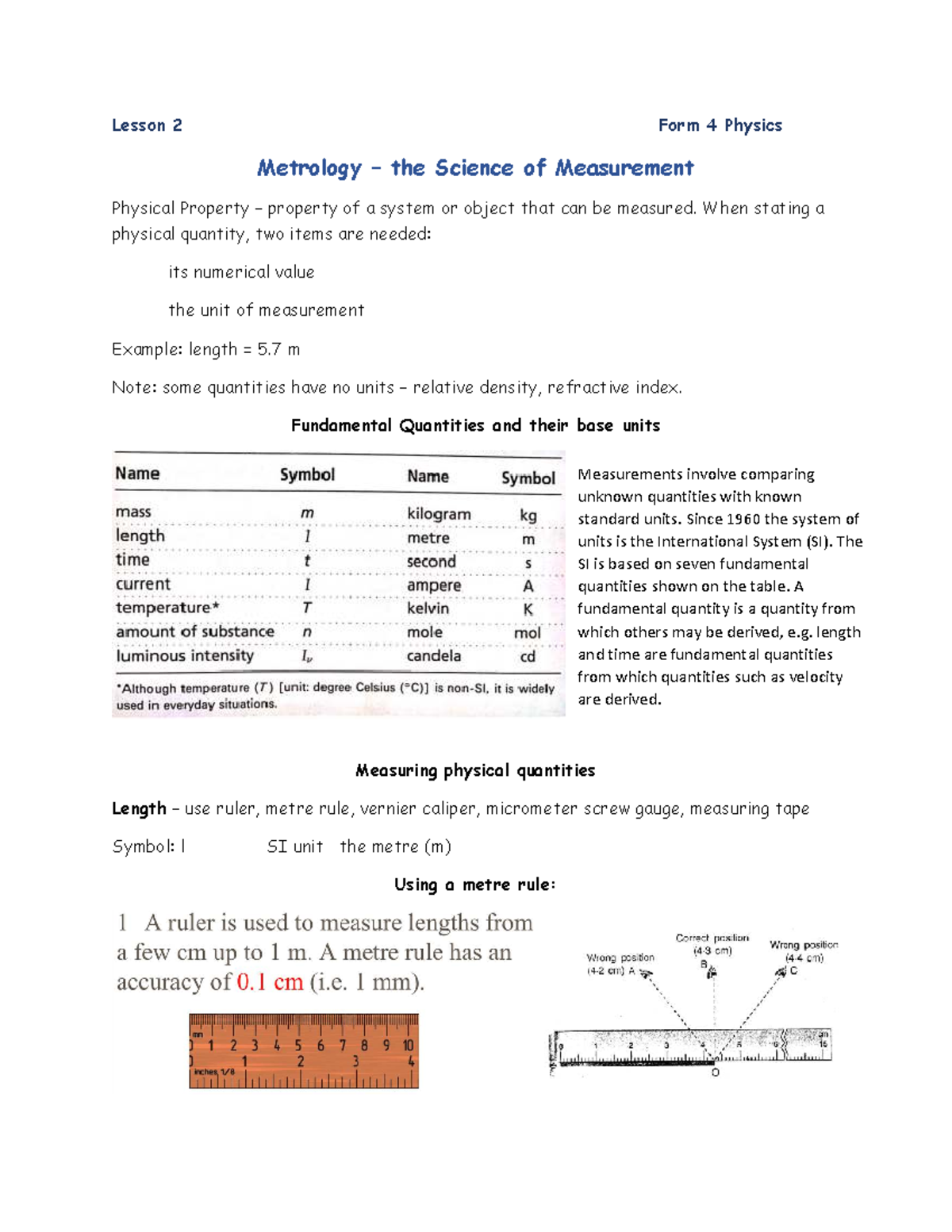 Lesson 2: Metrology in Physics (Form 4) - Measurement Basics - Studocu