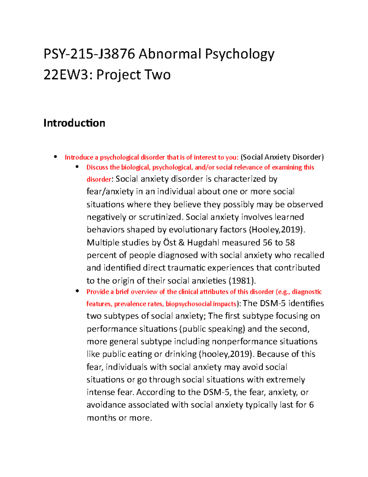 PSY 215 Abnormal Psychology Social Anxiety Disorder Project Two - Studocu