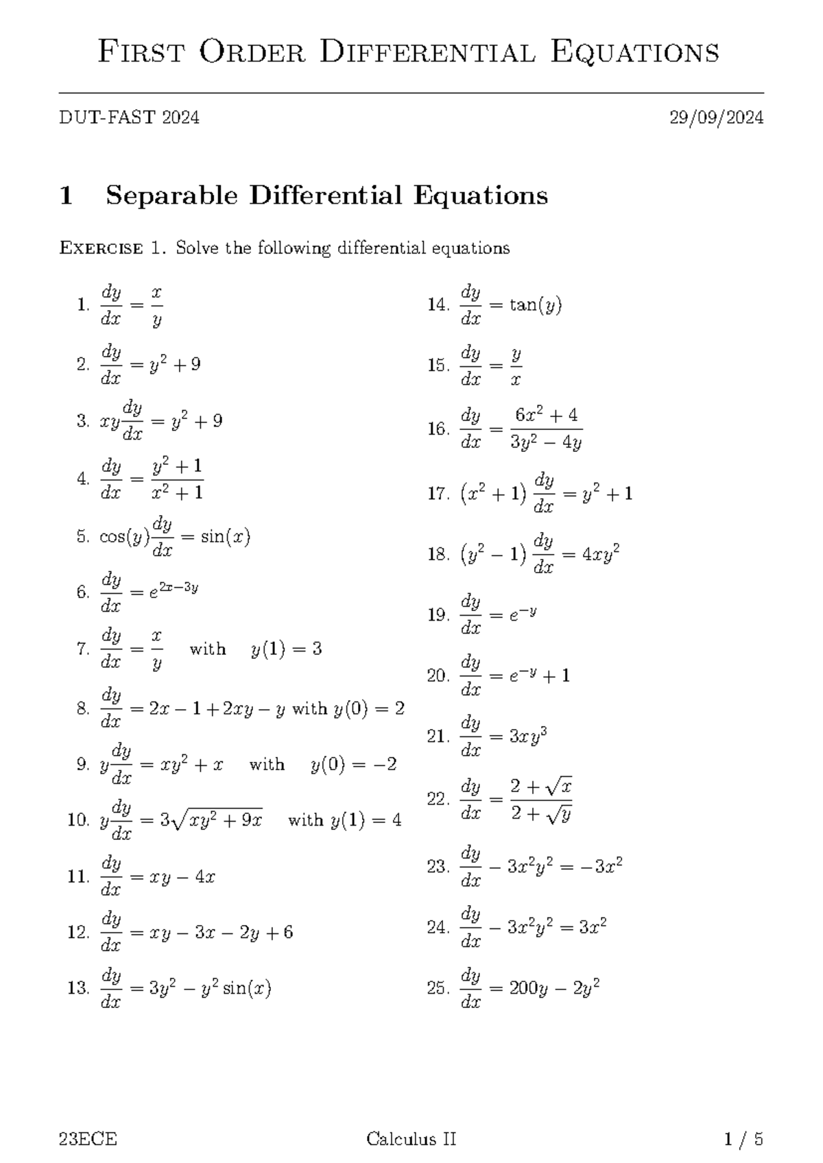2024Exercises(1st Order DE) - First Order Differential Equations DUT ...