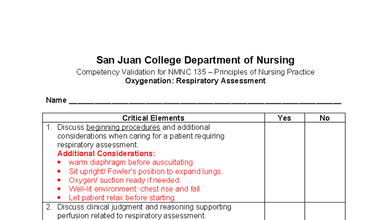 Respiratory Assessment Competency Validation for NMNC 135 - Studocu