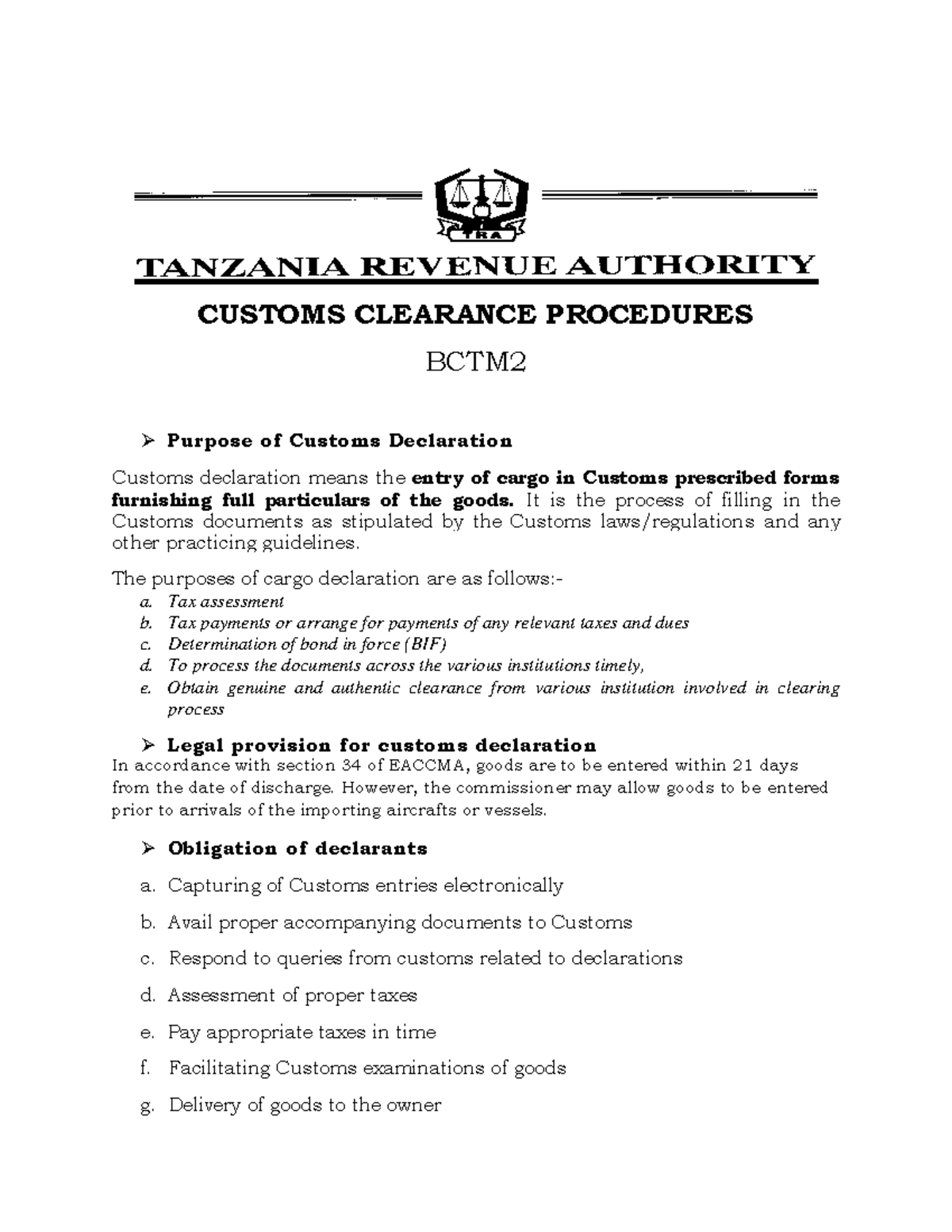 Customs Clearance Procedures: BCTM2 Final Exam Guidelines - Studocu