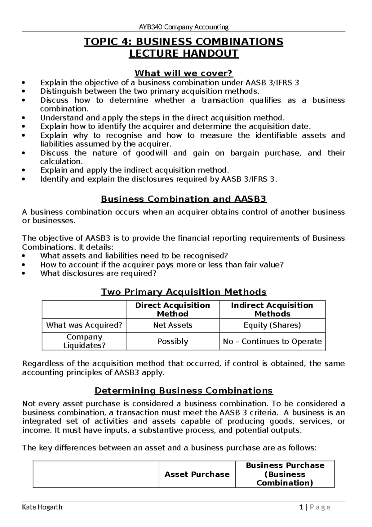 AYB340 S2 2025 Lecture 4 - Business Combinations Overview - Studocu