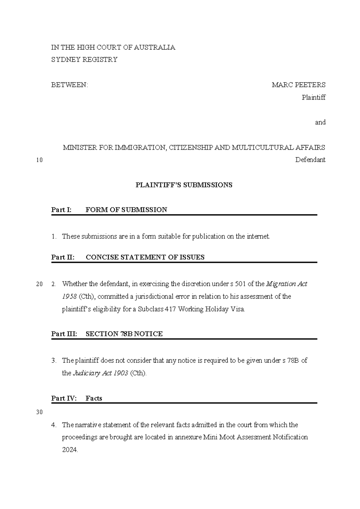 Plaintiff Submission Template - High Court of Australia Case - Studocu