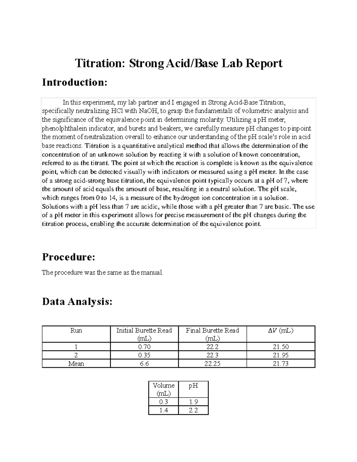 Strong Acid/Base Titration Lab Report: HCl and NaOH Analysis - Studocu