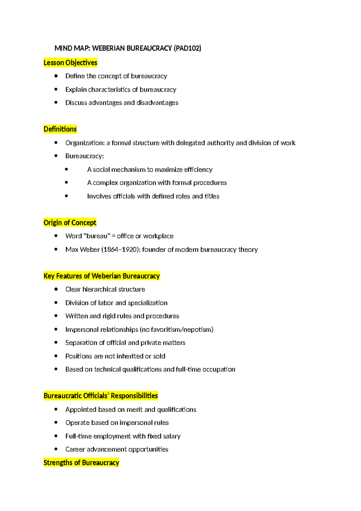 MIND MAP: WEBERIAN BUREAUCRACY (PAD102) Chapter 2 Overview - Studocu