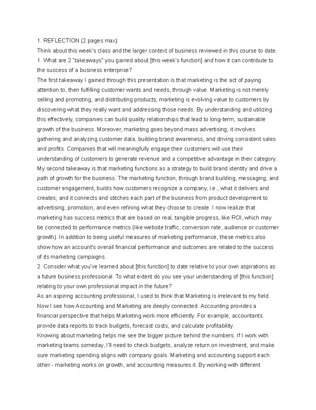 Weekly Reflection Report 2: Insights on Marketing's Role in Business ...