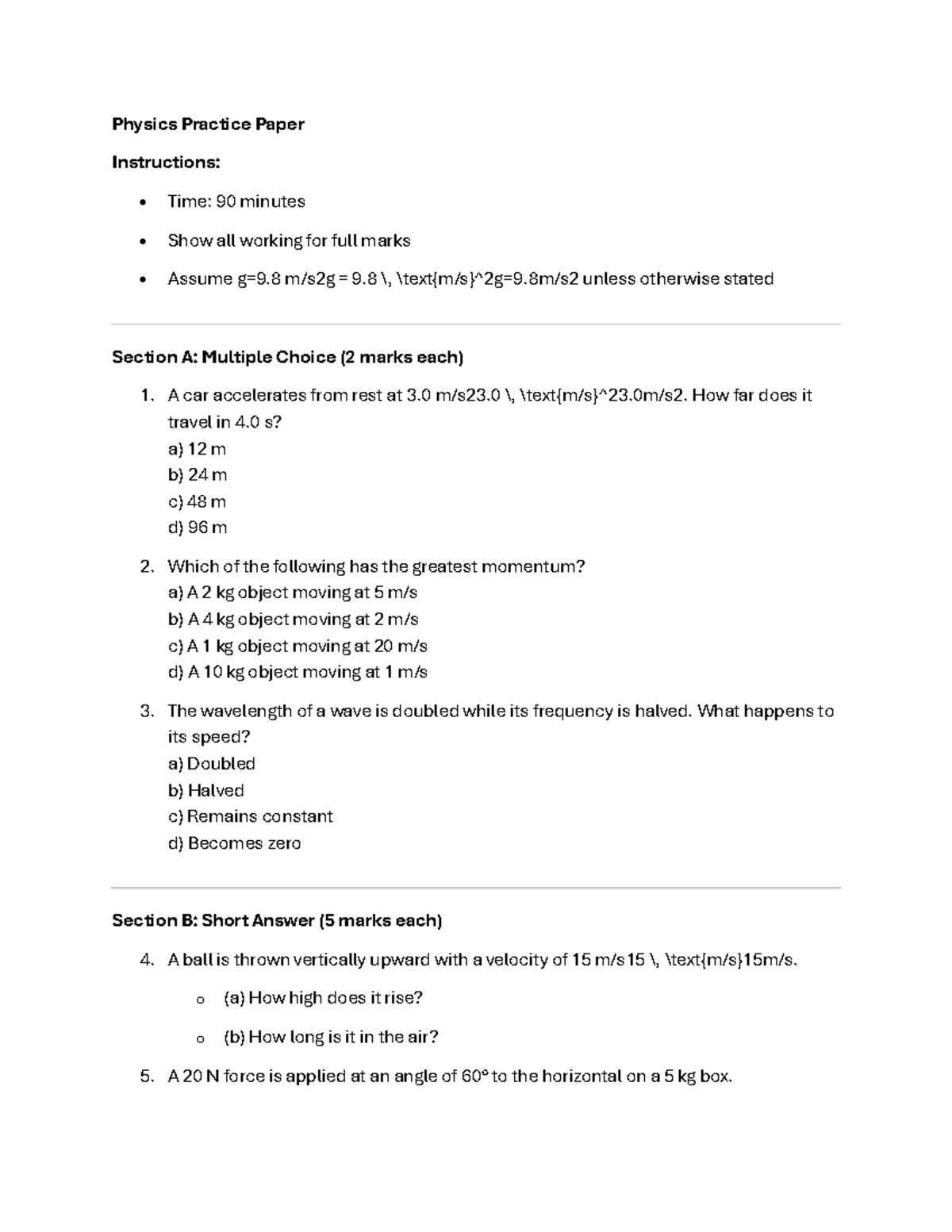 Physics Practice Test - Practice Paper for Course Code PHYS101 - Studocu