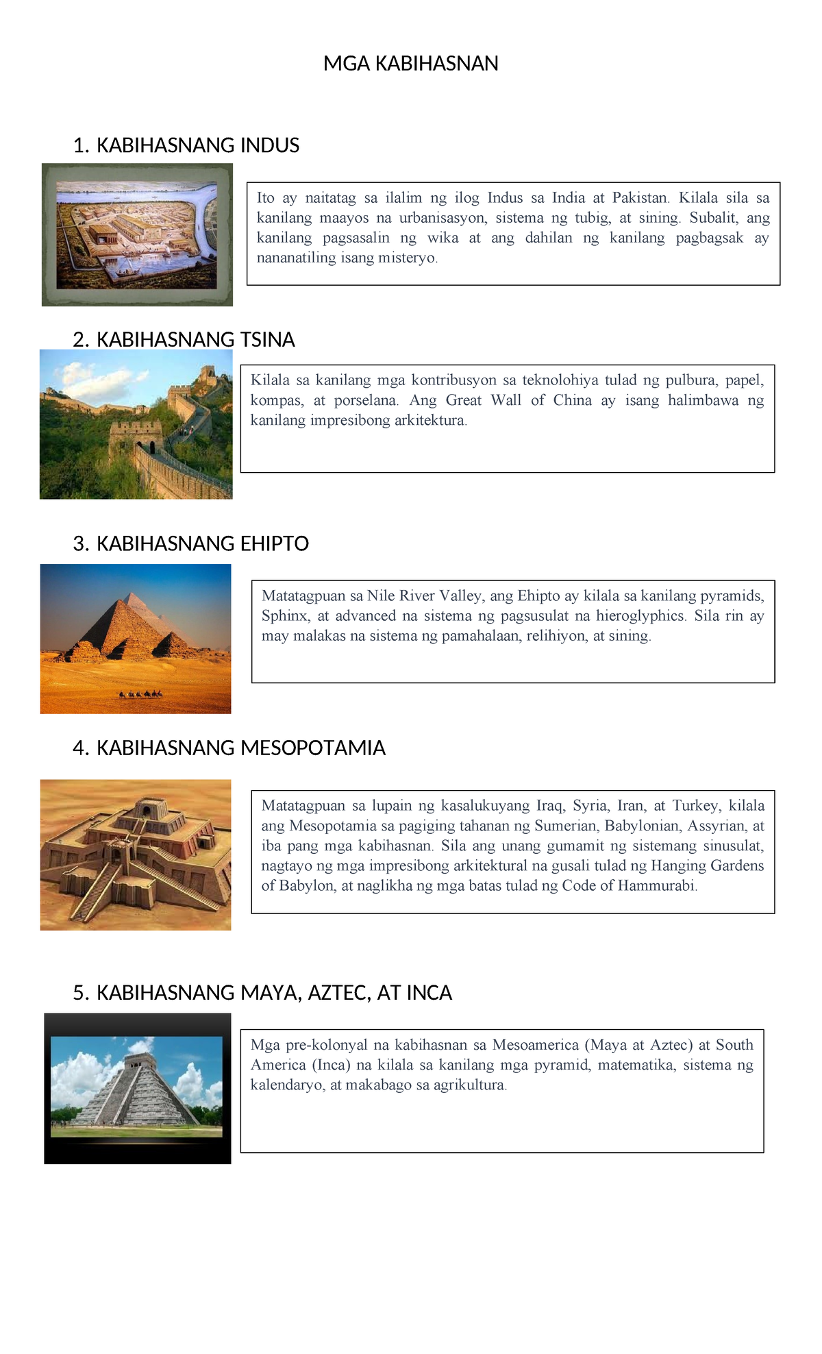 MGA KABIHASNAN: Indus, Tsina, Ehipto, Mesopotamia, at Mesoamerika - Studocu